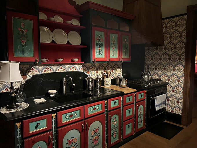 Hand-painted cabinets in turquoise and red prove that the Victorians understood kitchen personality long before HGTV made it trendy.