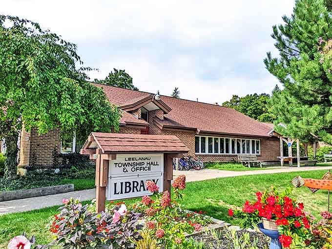 The Leelanau Township Library blooms with knowledge and community spirit, surrounded by flowers as colorful as the stories within.