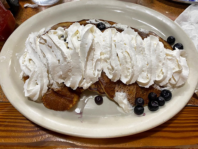 Pancakes that look like they floated down from breakfast heaven, topped with fresh blueberries and enough whipped cream to make Monday disappear.