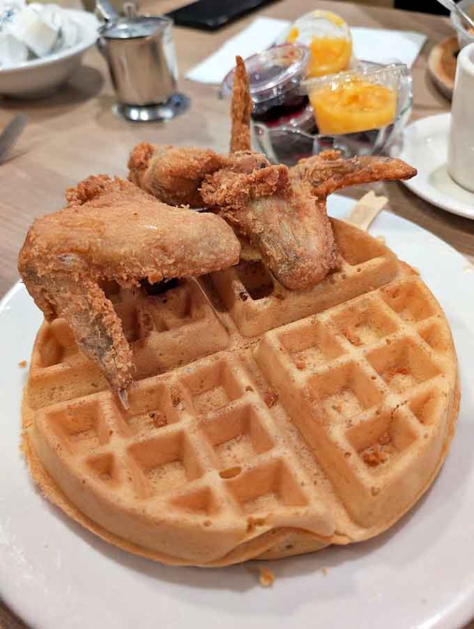 The ultimate breakfast power couple &ndash; crispy chicken and fluffy waffle &ndash; ready for their maple syrup wedding.