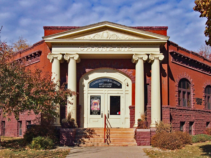 Carnegie Cultural Center's classical columns frame a doorway to artistic expression in this surprisingly cultured prairie town.