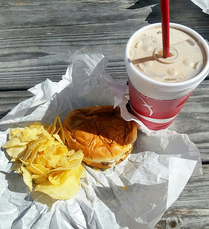 Lunch of champions &ndash; golden sandwich, crispy chips, and a shake that makes you wonder why you'd eat anywhere else.