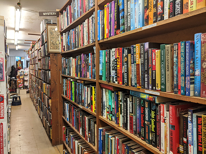 The mystery section beckons with promises of whodunits and thrillers, each spine a doorway to intrigue and suspense.