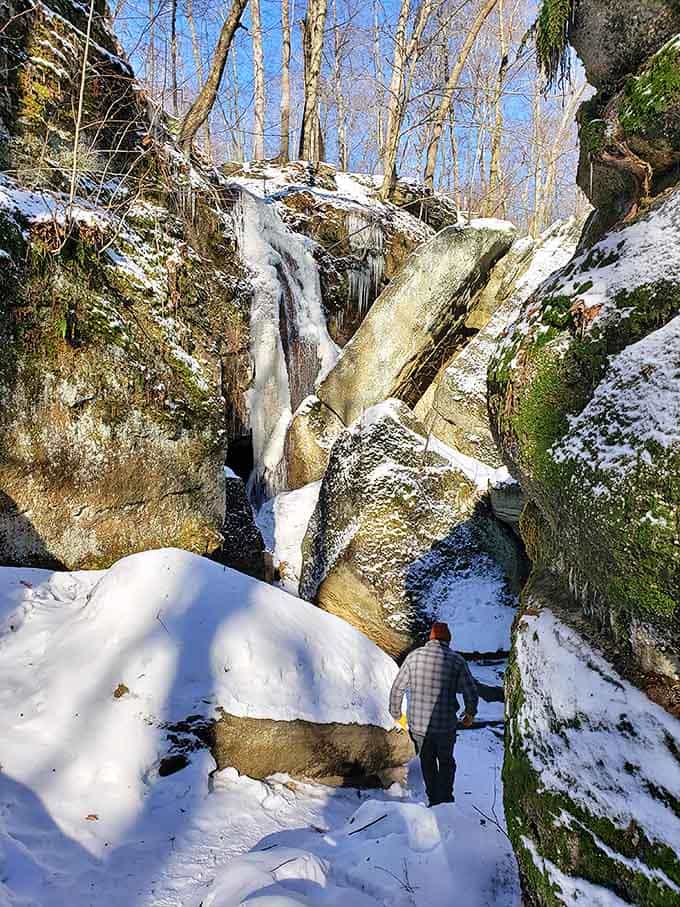 Winter transforms the park into a crystalline wonderland, where frozen waterfalls and snow-dusted rocks create a magical cold-weather playground.
