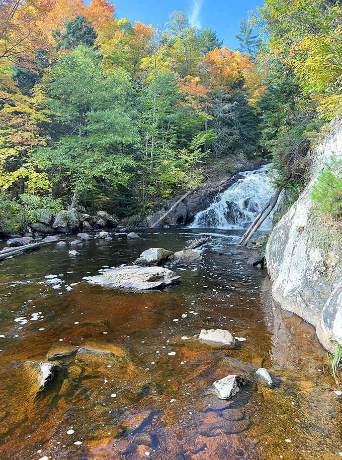 Autumn transforms Pinnacle Falls into a masterpiece of color, where falling water meets falling leaves in nature's perfect timing.