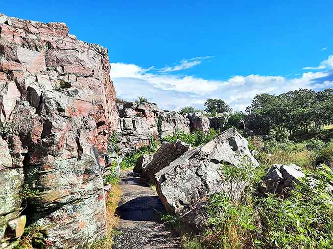 Pipestone National Monument's dramatic rock formations create natural corridors where ancient quarrying traditions continue to this day.