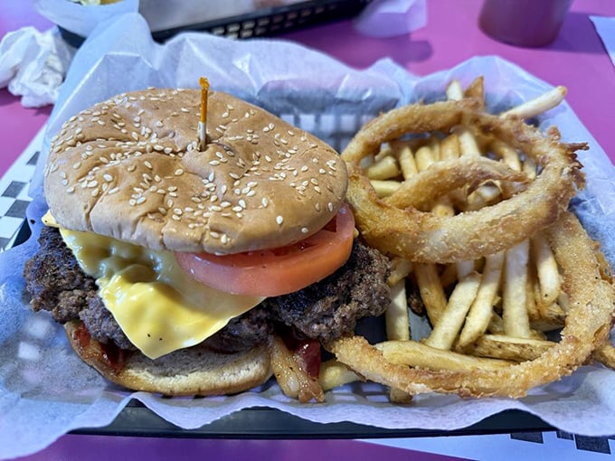 When your burger needs a sesame seed bun and onion rings the size of bracelets just to feel adequate, you know the kitchen takes "generous portions" seriously.