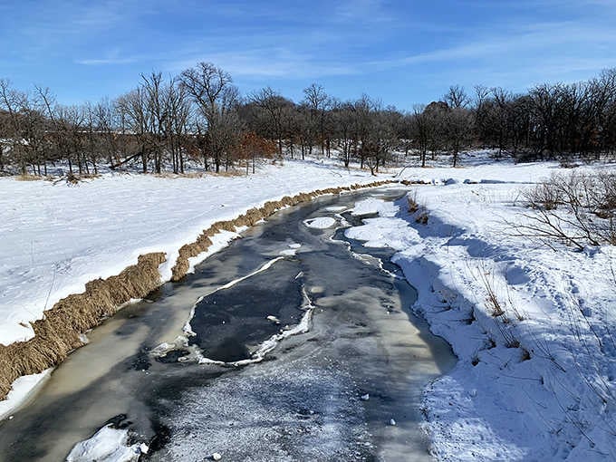Winter's icy grip transforms Rice Creek into a partially frozen sculpture garden, where water and ice perform their seasonal dance.