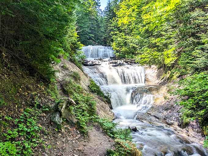 Sable Falls tumbles through the forest like it's late for an important meeting with Lake Superior.