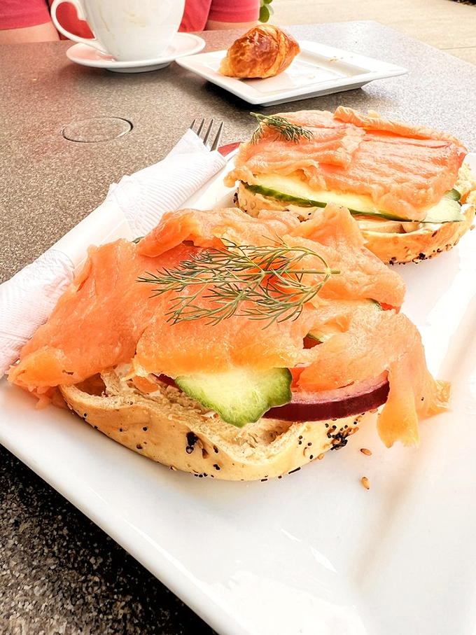 Salmon bagel: Open-faced and proud &ndash; smoked salmon lounges atop cream cheese with cucumber and dill like it's sunbathing on Florida's beaches.