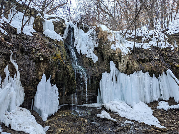 Winter transforms Shadow Falls into a frozen fantasy world, where ice sculptures capture water in mid-descent.