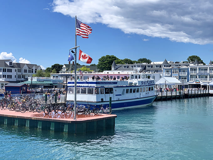 Shepler's Ferry carries passengers to Mackinac Island, where cars fear to tread and fudge shops multiply like rabbits.