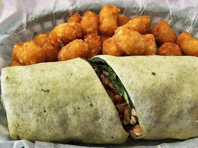That spinach wrap with tater tots is proof that healthy-ish choices can still be completely delicious and fun.