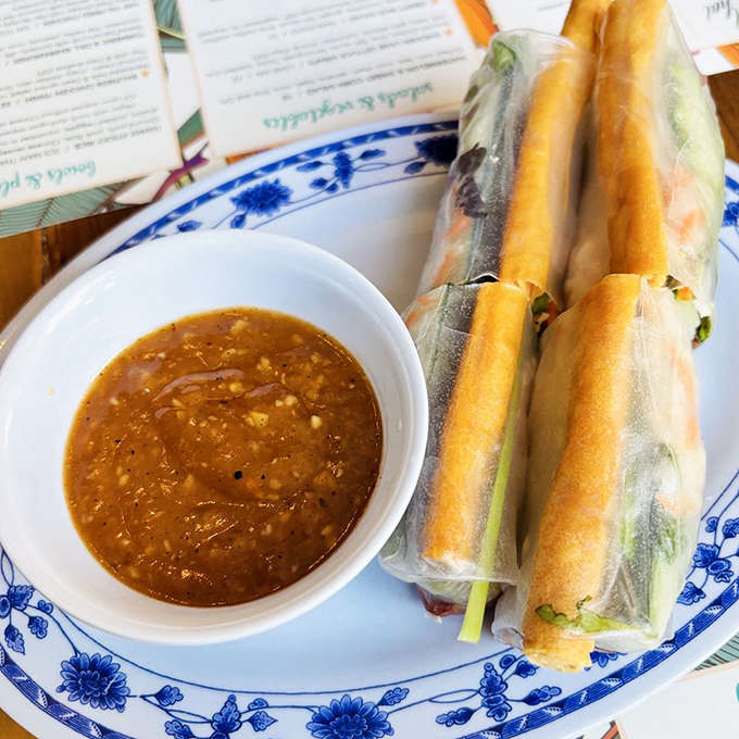 Fresh spring rolls wrapped so perfectly you can see each colorful ingredient through the translucent rice paper&mdash;nature's stained glass windows.