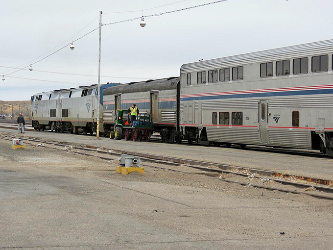 A station stop offers a glimpse of the Empire Builder's impressive length and the dedicated crew who make this journey possible.