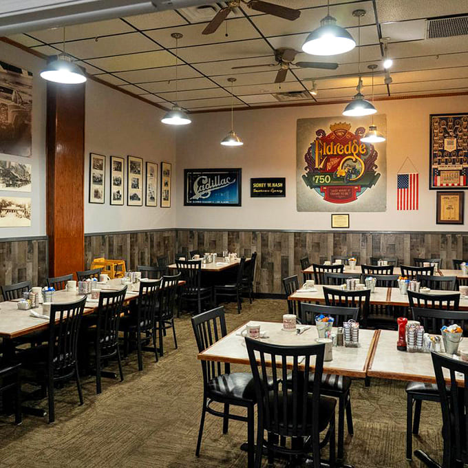 Steam Plant Family Restaurant feels welcoming, with vintage signs, cozy tables, and the promise of hearty Illinois comfort food ahead.