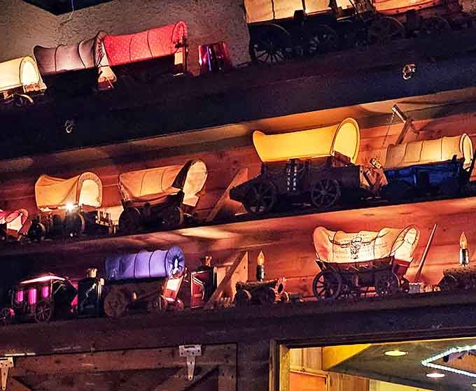 A collection of miniature covered wagons lines the ceiling&mdash;perhaps a nod to Oregon's pioneer past or tiny transportation for the resident ghosts.