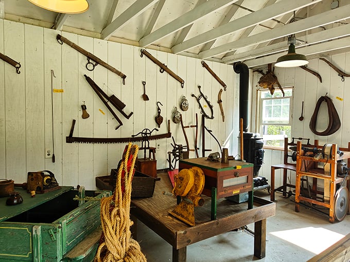 This collection of vintage farm implements tells stories of agricultural ingenuity that shaped Illinois long before digital farming games.