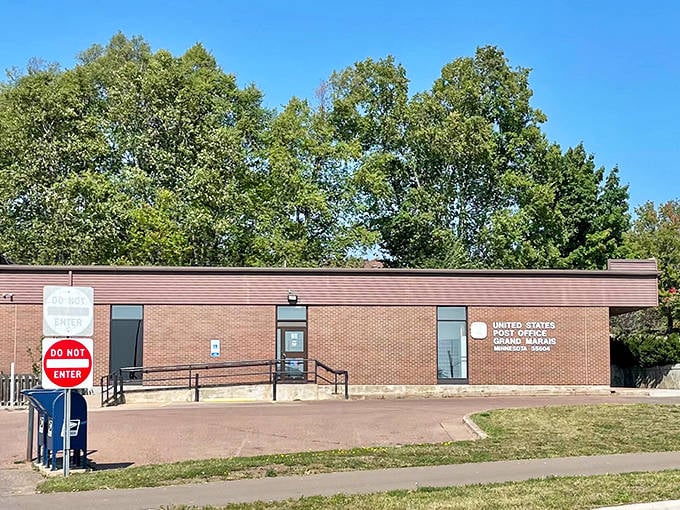 Even the post office exudes small-town charm with its classic brick facade and welcoming entrance.