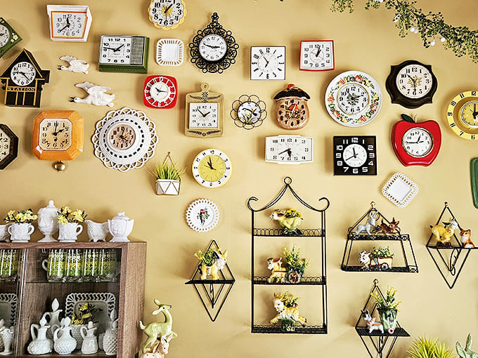 A symphony of ticking from this wall of timepieces, each clock marking moments from different eras. Time literally surrounds you here.