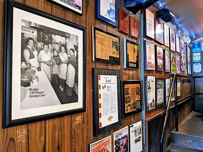 The walls tell stories of decades serving Detroit, with vintage photos chronicling a pizza legacy that spans generations of hungry Michiganders.
