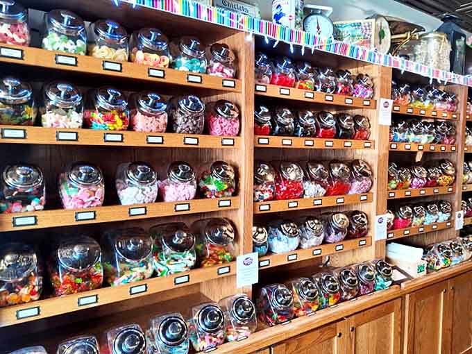 This wall of sweetness isn't just candy storage &ndash; it's architecture dedicated to the art of sugar, designed to make adults gasp like children.