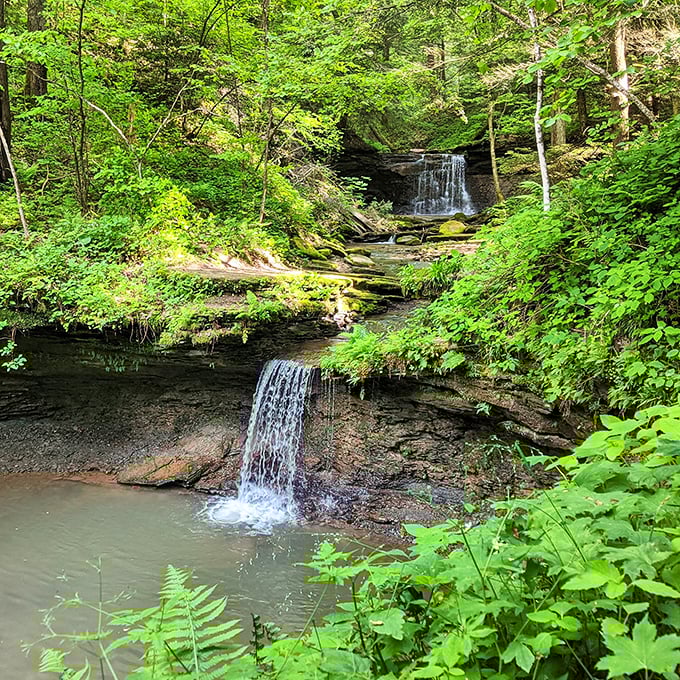 Cascading waterfalls create nature's soundtrack, a soothing symphony of splashing water against ancient stone.
