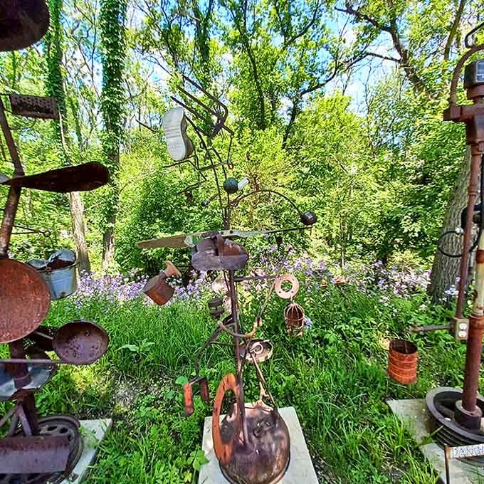 Rustic garden art that transforms old farm tools into something your HOA would definitely have opinions about, but you'd love anyway.