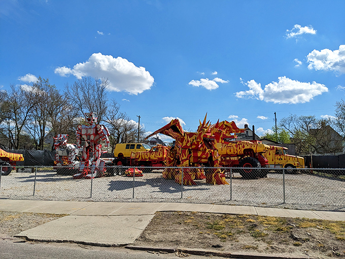 Even under cloudy skies, these mechanical marvels command attention with their imposing silhouettes and bold colors.