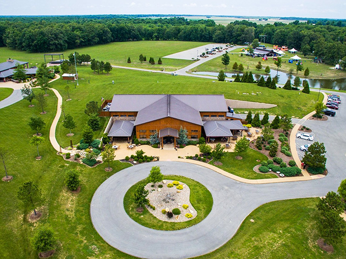From above, the true scale of Walker's Bluff reveals itself &ndash; a verdant oasis of vineyards and gathering spaces carved into the Illinois landscape.
