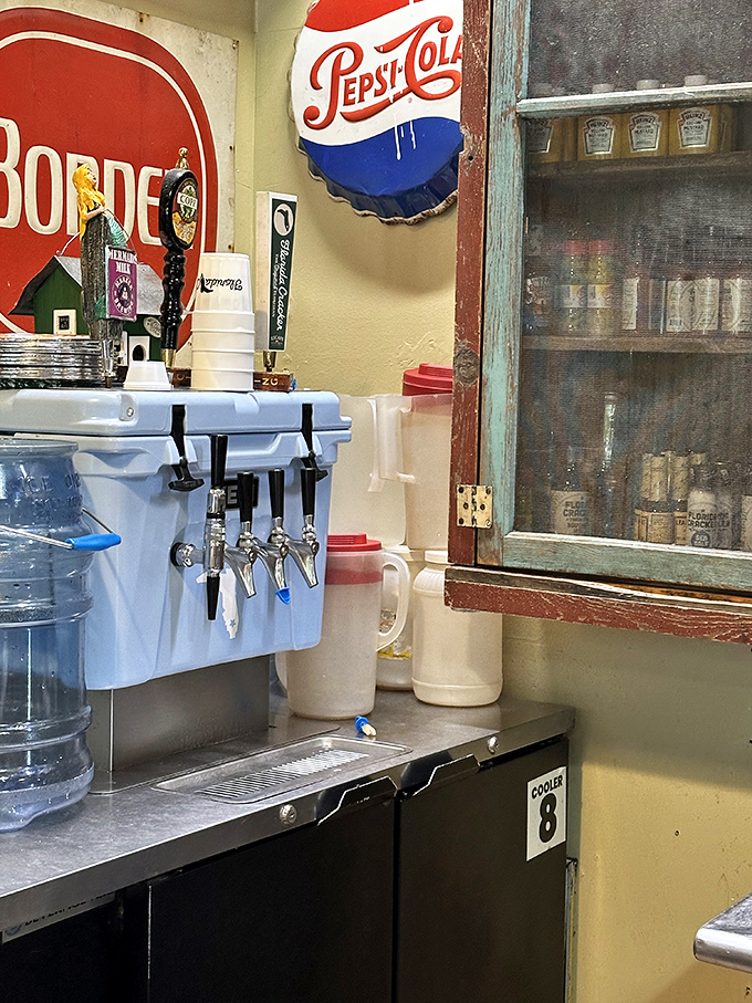 Vintage charm meets modern thirst at the drink station, where Florida's history is served alongside refreshing beverages.