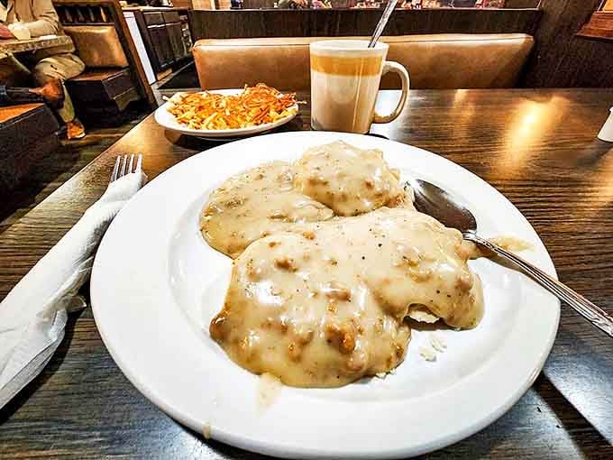 Tender biscuits swimming in peppery sausage gravy with a side of crispy hashbrowns. Southern comfort that found a happy home in Ohio.