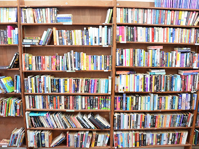 Bookshelves packed with literary adventures invite browsers to discover forgotten favorites and unexpected new reads.
