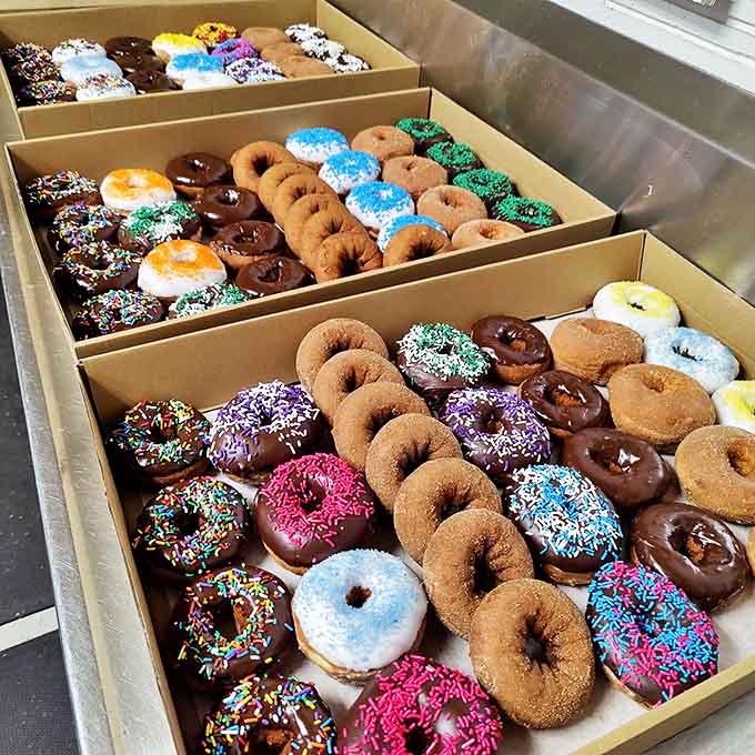 Donut boxes lined up like soldiers ready for deployment to lucky homes across Michigan. The breakfast of champions awaits!