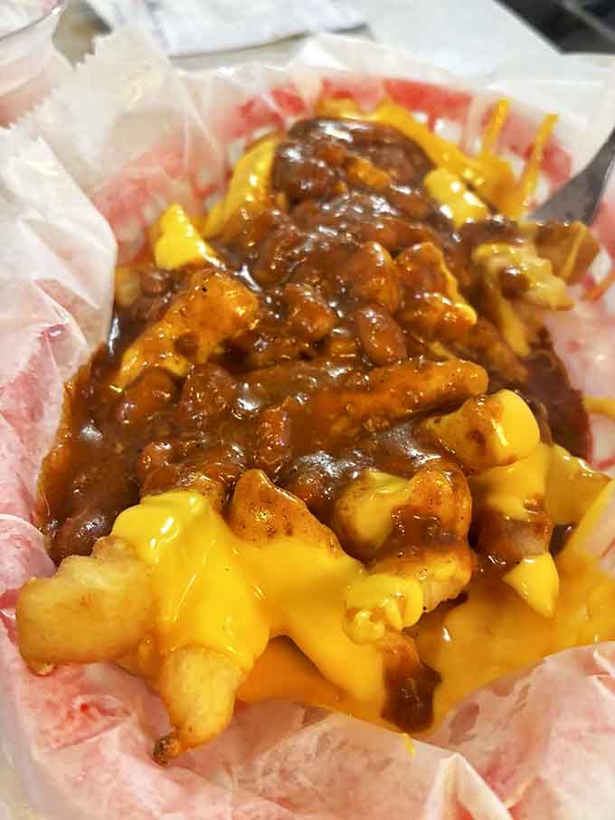 Chili cheese fries that know exactly what they're trying to be &ndash; a gloriously messy indulgence requiring multiple napkins and absolutely zero shame.