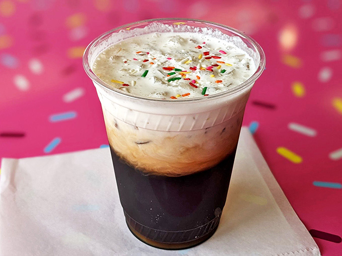 Their cold brew topped with colorful sprinkles proves Royal Donut understands that great pastries deserve equally impressive beverage companions.