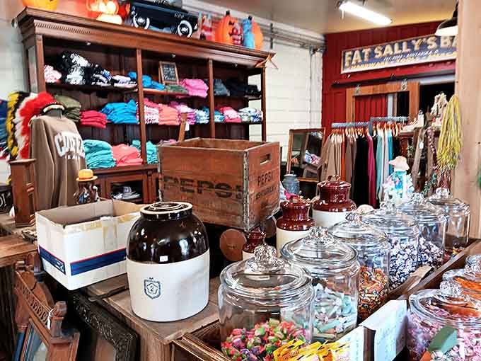 Candy jars filled with sweet memories, vintage textiles, and the kind of nostalgic displays that make your wallet open itself.