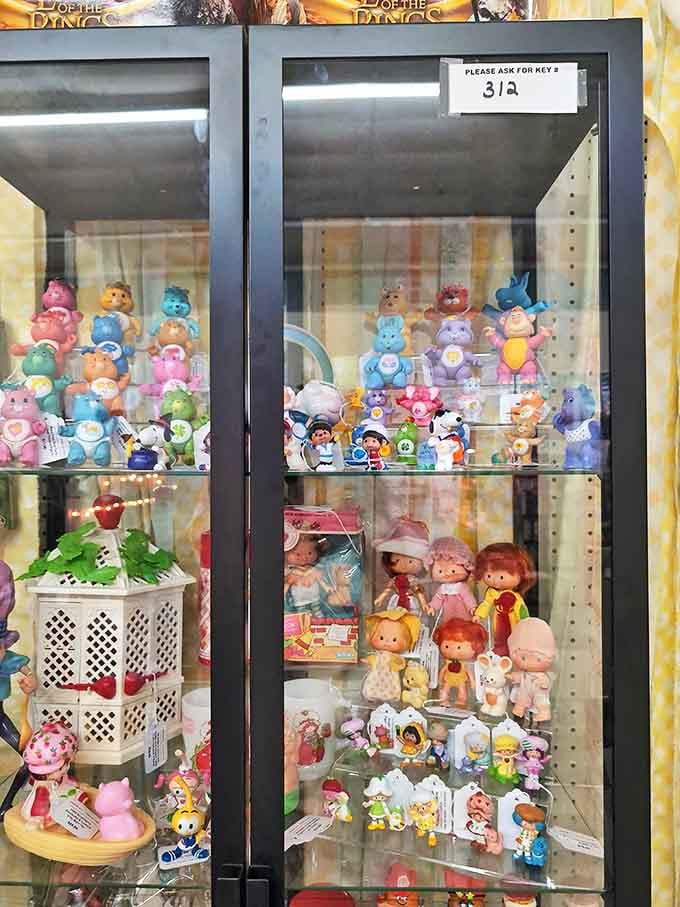 Care Bears and Strawberry Shortcake dolls stand at attention behind glass &ndash; silent sentinels guarding the kingdom of 1980s childhood.