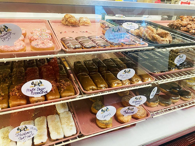 A rainbow of pastry perfection &ndash; from maple-glazed donuts to fruit-filled delights, each tray offers a different path to carbohydrate nirvana.