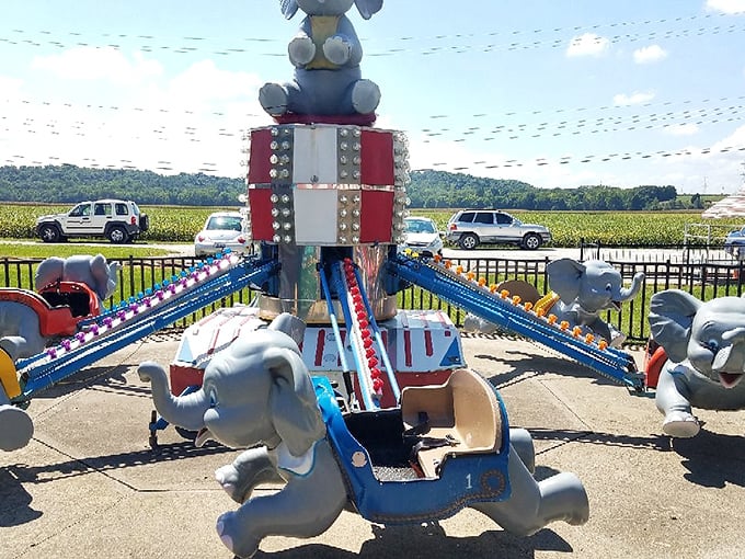 Little adventurers circle joyfully on mechanical elephants, their painted trunks raised in a perpetual salute to childhood wonder.