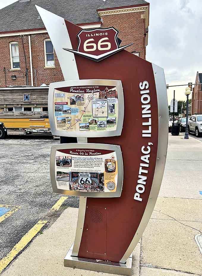 This sleek informational kiosk serves as your personal Route 66 tour guide, highlighting the highway's Illinois attractions with style and substance.