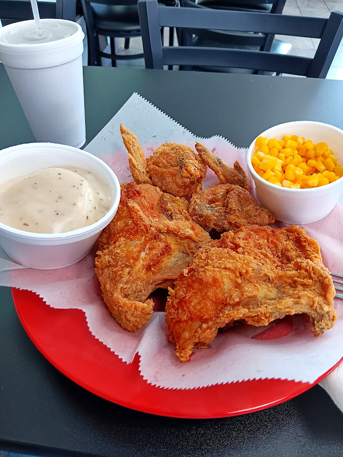 Golden-battered chicken with a side of buttery corn &ndash; comfort food that whispers "take a nap after this" while being absolutely worth the drowsiness.