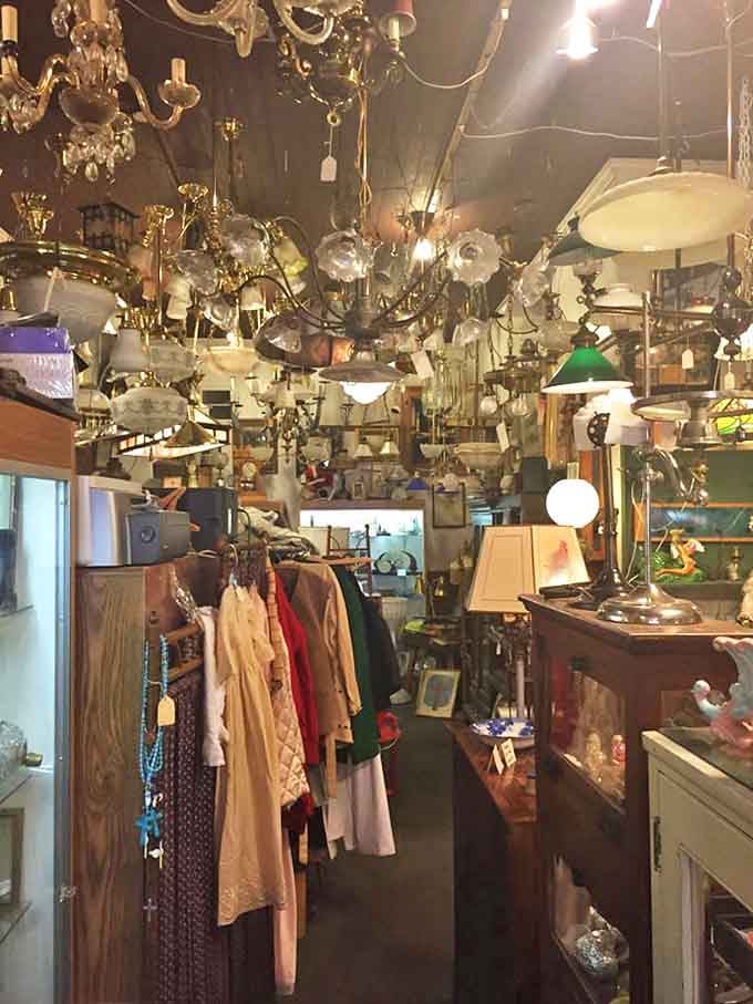 Furniture pieces from different eras sit in neighborly conversation, from Victorian velvet chairs to mid-century modern pieces with clean lines.