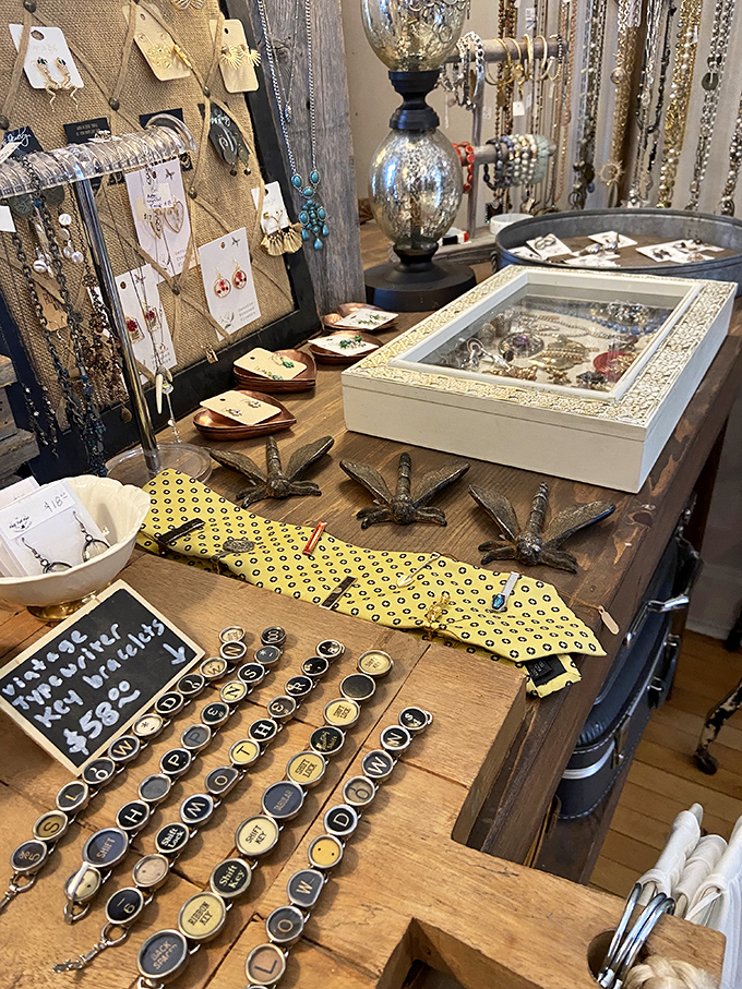 Treasure hunters rejoice! This jewelry display transforms vintage typewriter keys and antique elements into wearable conversation pieces with stories to tell.