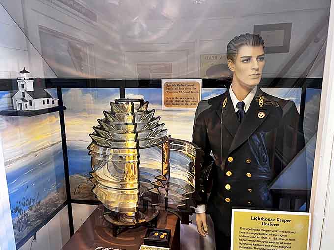 Museum displays include this authentic lighthouse keeper's uniform and Fresnel lens, tools of a profession that guided sailors safely home for generations.