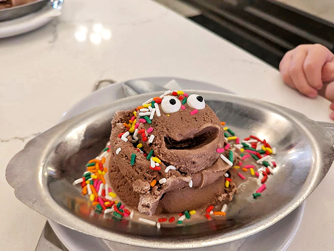 This chocolate creation with candy eyes and rainbow sprinkles proves that sometimes playing with your food is exactly what the doctor ordered.