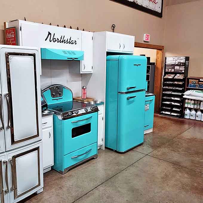 Retro kitchen appliances in dreamy turquoise transport you straight to the 1950s, when refrigerators were fashion statements and avocado wasn't just for toast.