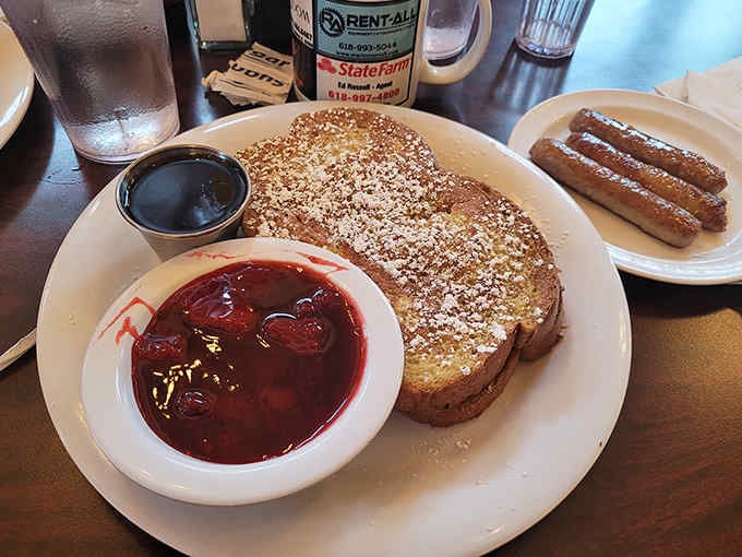 Golden-brown French toast with berry compote &ndash; sweet, tart, and utterly irresistible. Breakfast or dessert? At The Vault, why choose?