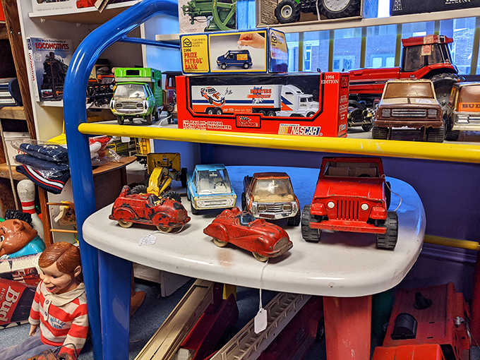 Childhood memories line these shelves &ndash; each toy car and action figure represents someone's cherished plaything from decades past.