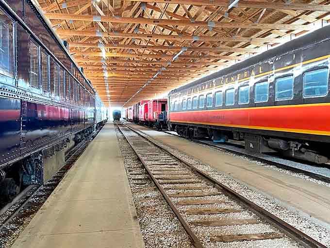 A symphony in steel – these meticulously preserved passenger cars await their next journey through the picturesque Illinois countryside.